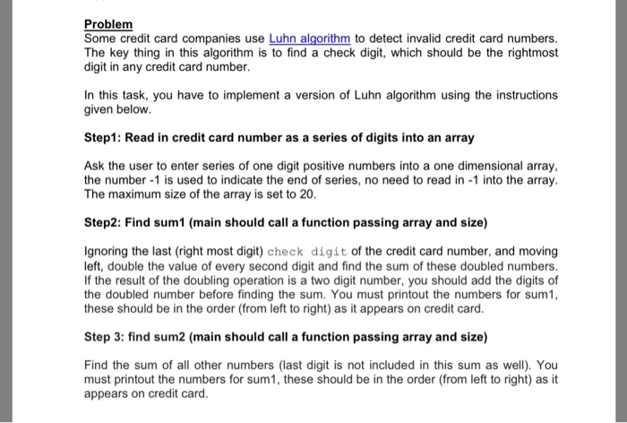 Solved Problem Some credit card companies use Luhn algorithm | Chegg.com