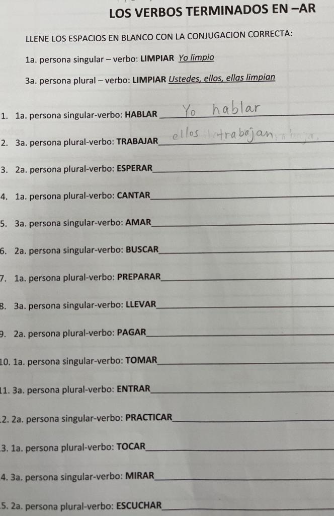 LOS VERBOS TERMINADOS EN -AR LLENE LOS ESPACIOS EN | Chegg.com