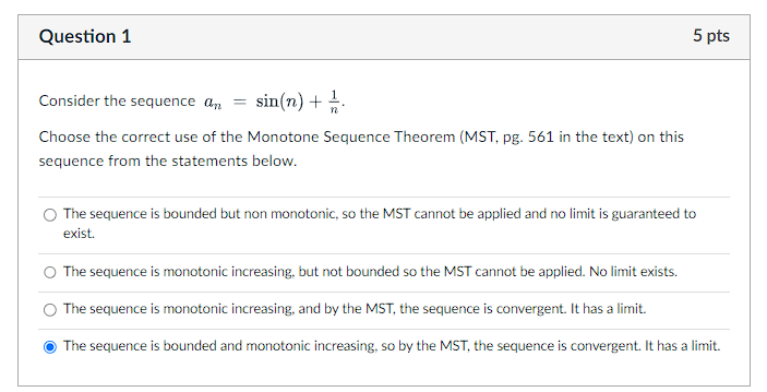 Solved Consider the sequence an=sin(n)+n1. Choose the | Chegg.com