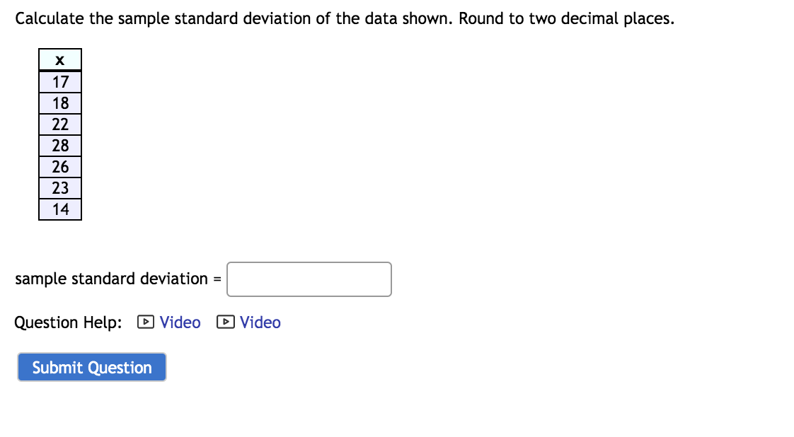 Solved Calculate the sample standard deviation of the data | Chegg.com