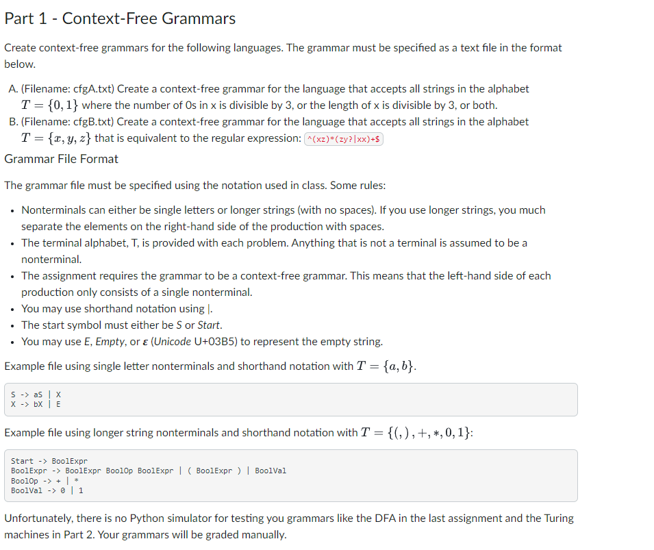 Solved Part 1 - Context-Free Grammars Create context-free | Chegg.com