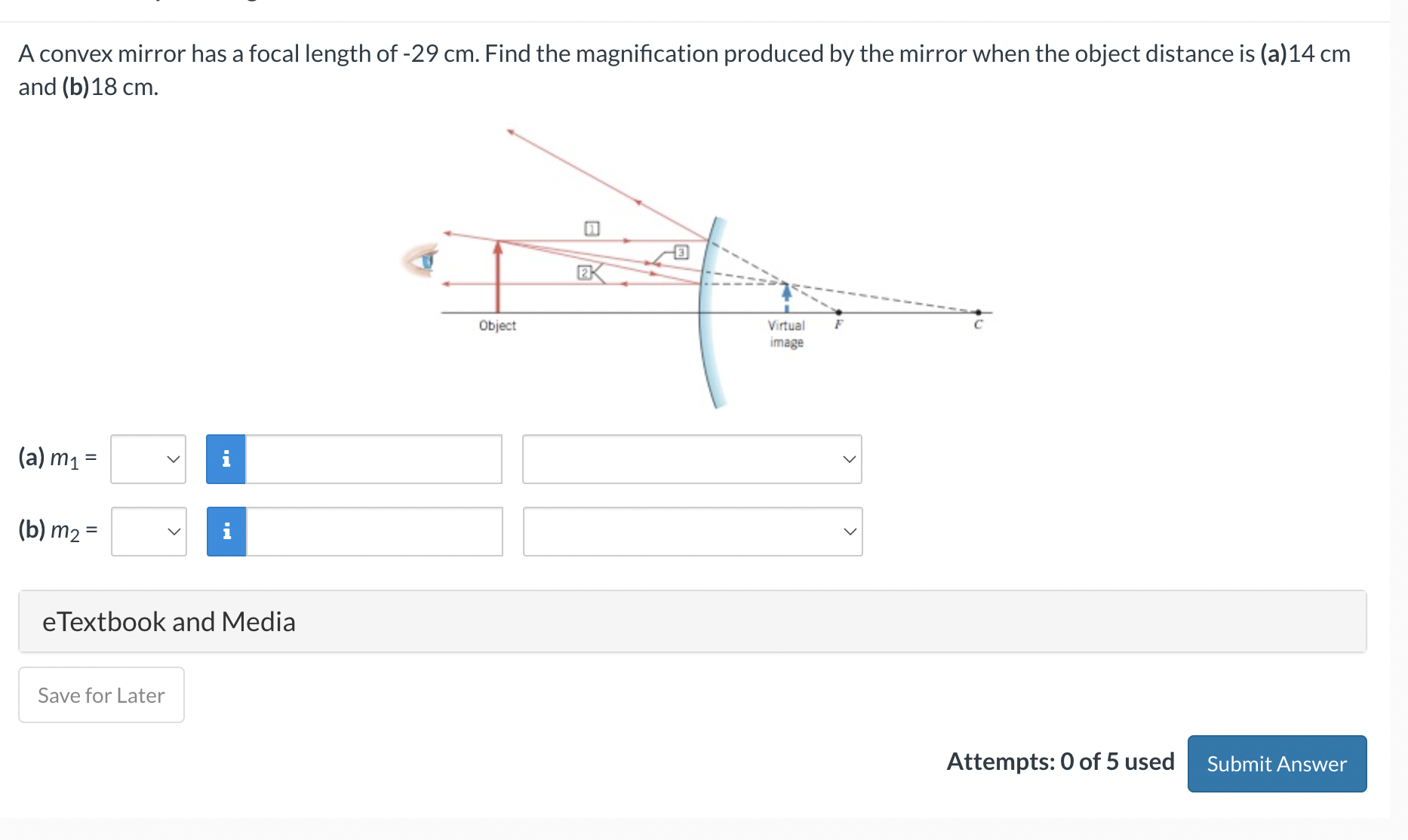 Solved A convex mirror has a focal length of −29 cm. Find | Chegg.com
