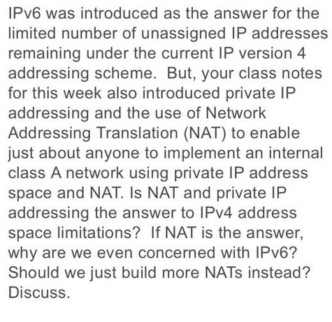 Solved IPv6 was introduced as the answer for the limited | Chegg.com
