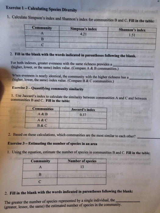 Solved Exercise 1-Calculating Species Diversity 1. Calculate | Chegg.com