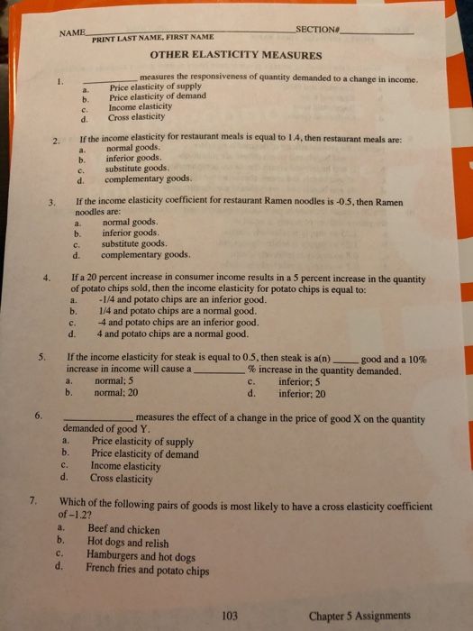 Solved SECTION# PRINT LAST NAME, FIRST NAME PRICE ELASTICITY | Chegg.com