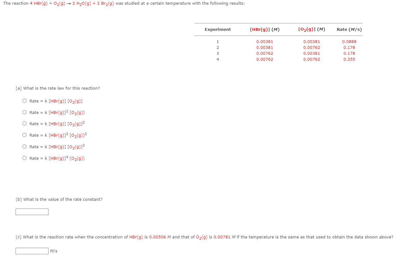 Solved The reaction 4 HBr(g) + O2(g) 2 H2O(g) + 2 Br2(g) | Chegg.com
