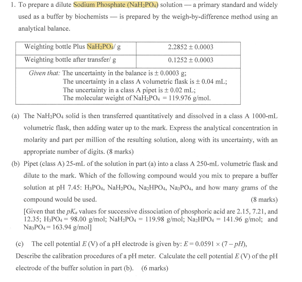 1. To prepare a dilute Sodium Phosphate (NaH2PO4) | Chegg.com