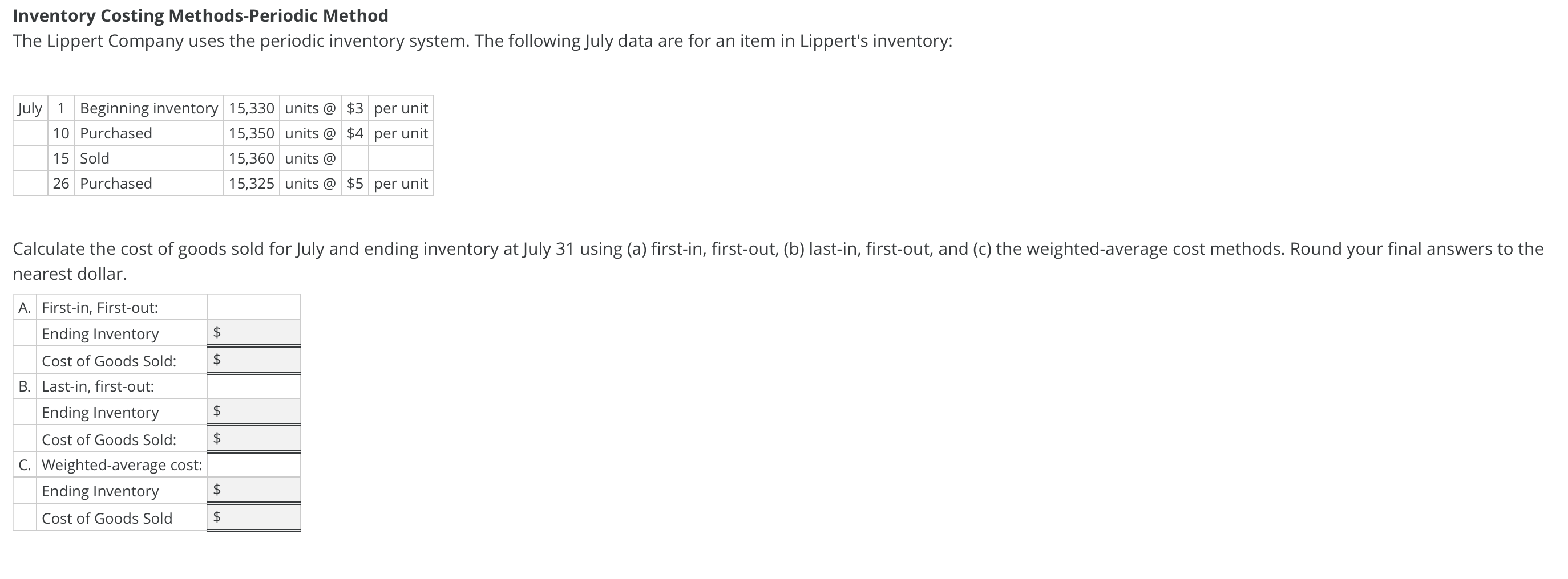 Solved Inventory Costing Methods-Periodic Method The Lippert | Chegg.com