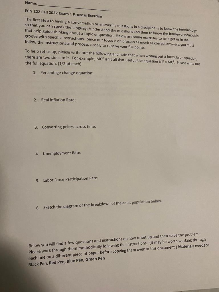 ECN 222 Fall 2022 Exam 1 Process Exercise The first | Chegg.com