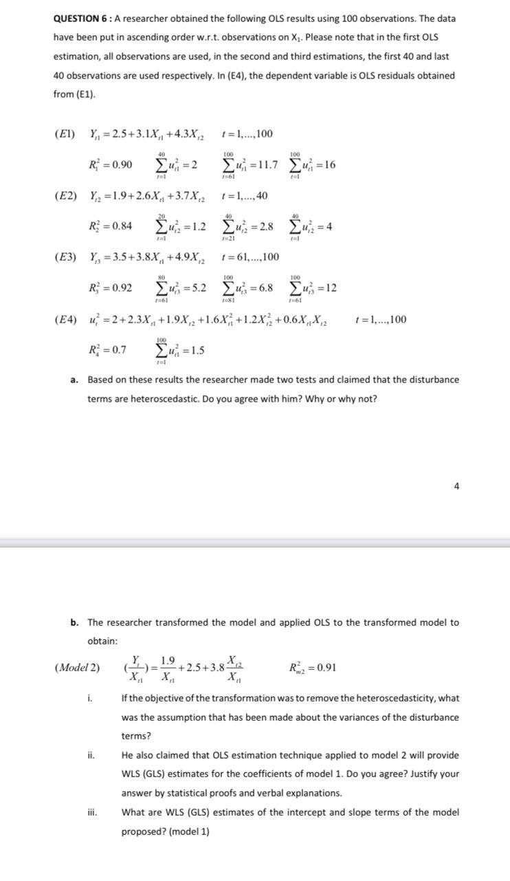 Solved QUESTION 6 : A researcher obtained the following OLS | Chegg.com