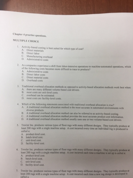 Solved Chapter 4 practice questions. MULTIPLE CHOICE I. | Chegg.com