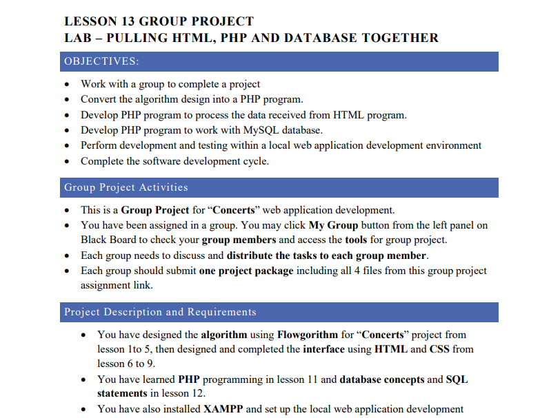 LESSON 13 GROUP PROJECT LAB – PULLING HTML, PHP AND | Chegg.com