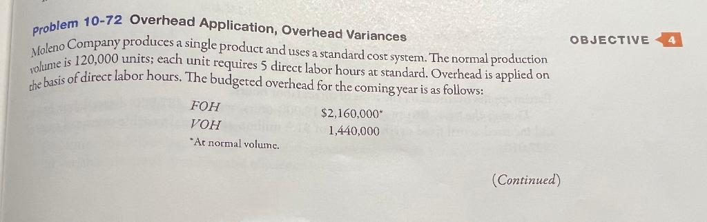 Solved problem 10-72 Overhead Application, Overhead | Chegg.com