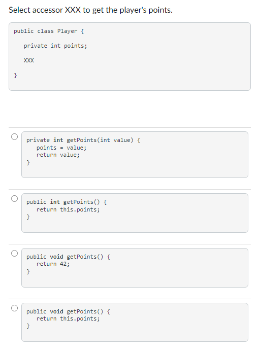 Solved Select accessor XXX to get the player's points. | Chegg.com