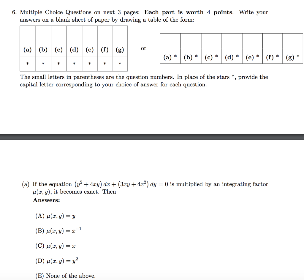 Solved 6. Multiple Choice Questions on next 3 pages: Each | Chegg.com