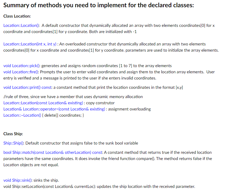 Solved Classes and methods' description. The classes and | Chegg.com