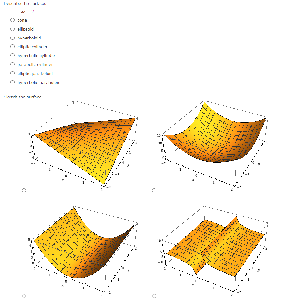 Solved Describe the surface. XZ = 2 cone O ellipsoid O | Chegg.com