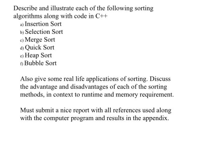 Solved Describe and illustrate each of the following sorting | Chegg.com