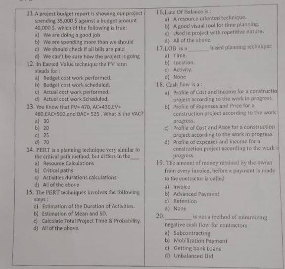 Solved 11. A project budget report is showing our project | Chegg.com