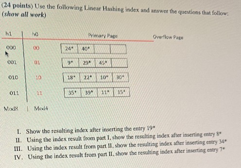 Solved (24 ﻿points) ﻿Use the following Linear Hashing index | Chegg.com