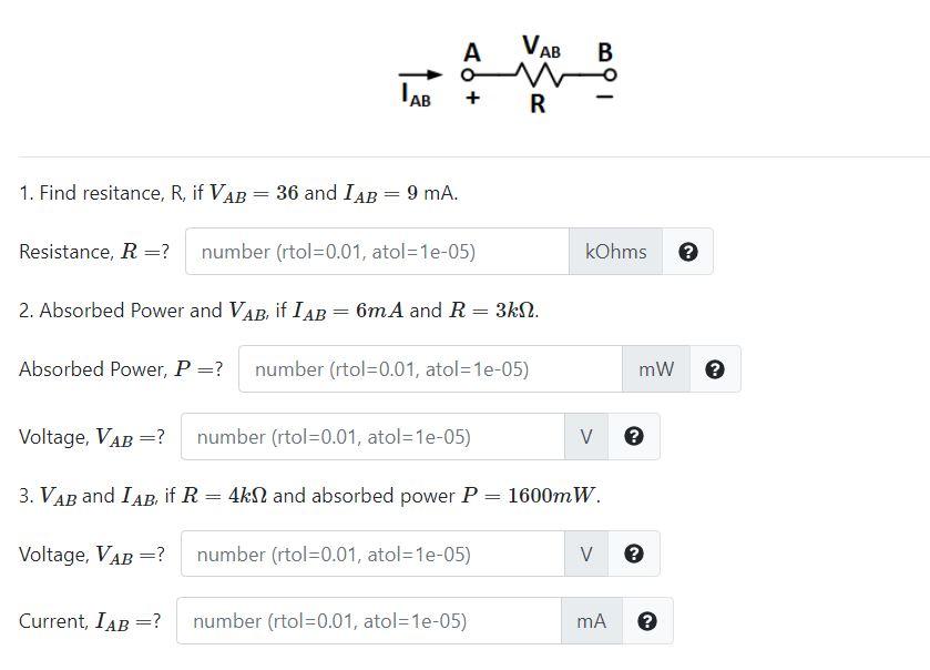 Solved A B VAB M R TAB 1. Find resitance, R, if VAB = 36 and | Chegg.com