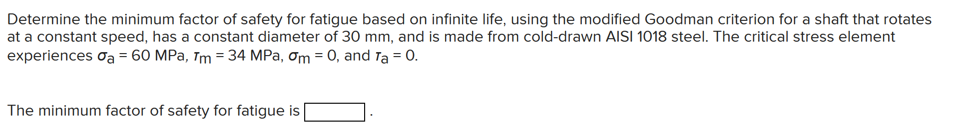 Solved Determine The Minimum Factor Of Safety For Fatigue