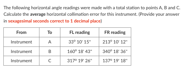Solved The following horizontal angle readings were made | Chegg.com