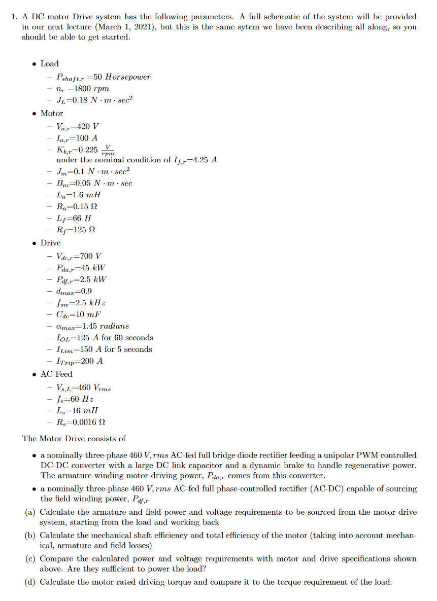1. A DC motor Drive system has the following | Chegg.com