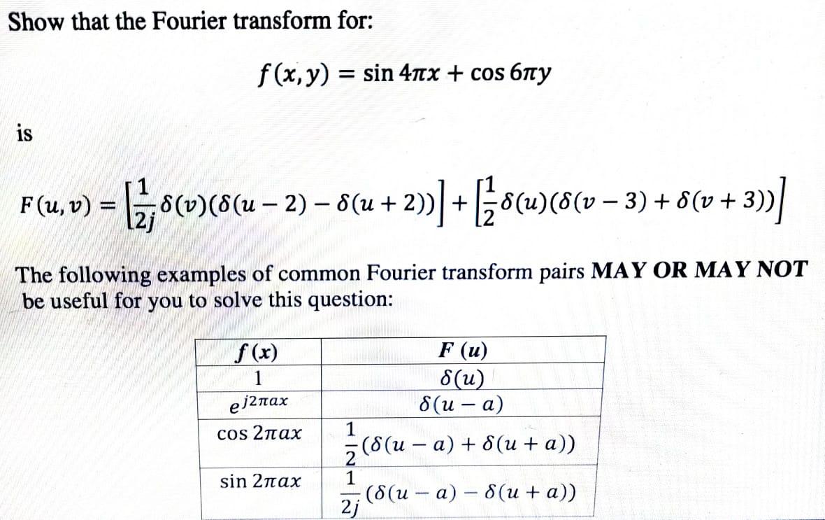 Solved Show that the Fourier transform for: f(x, y) = sin 4x | Chegg.com