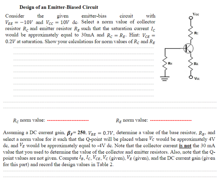 Solved Design of an Emitter-Biased Circuit Consider the | Chegg.com