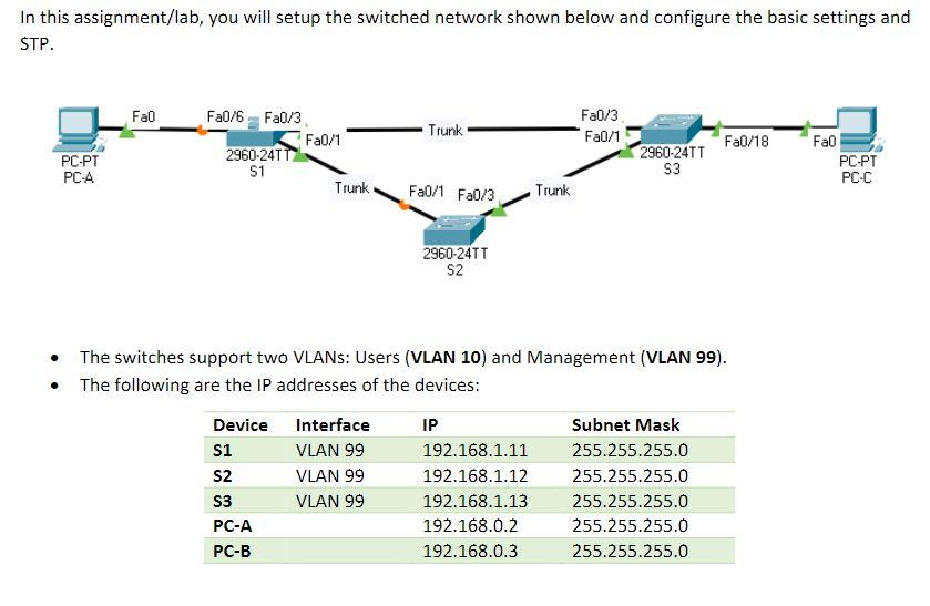 Solved In this assignment/lab, you will setup the switched | Chegg.com