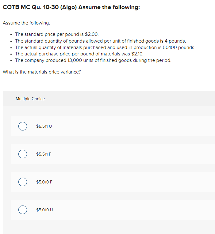 Solved COTB MC Qu. 10-49 (Algo) Assume the following: Assume | Chegg.com
