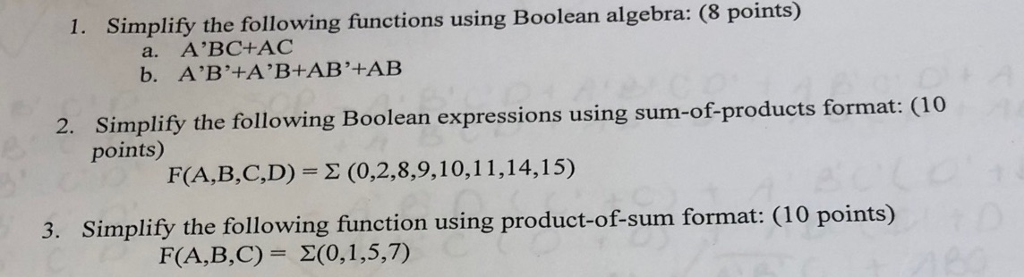 Solved 1 Simplify The Following Functions Using Boolean 3095