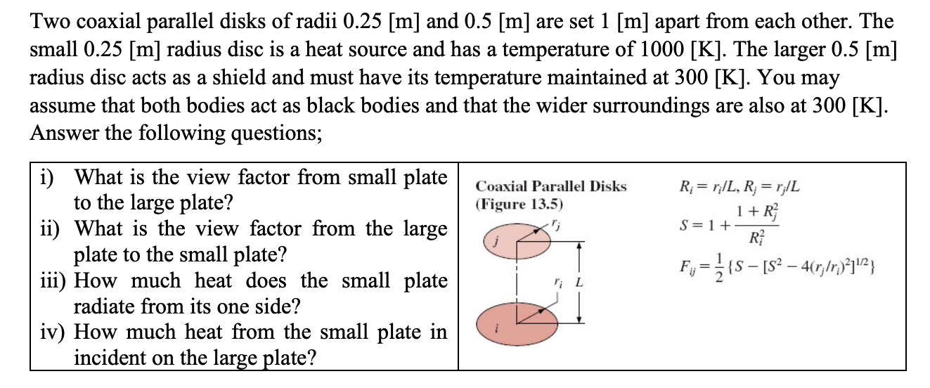 Solved Two coaxial parallel disks of radii 0.25 [m] and 0.5 | Chegg.com