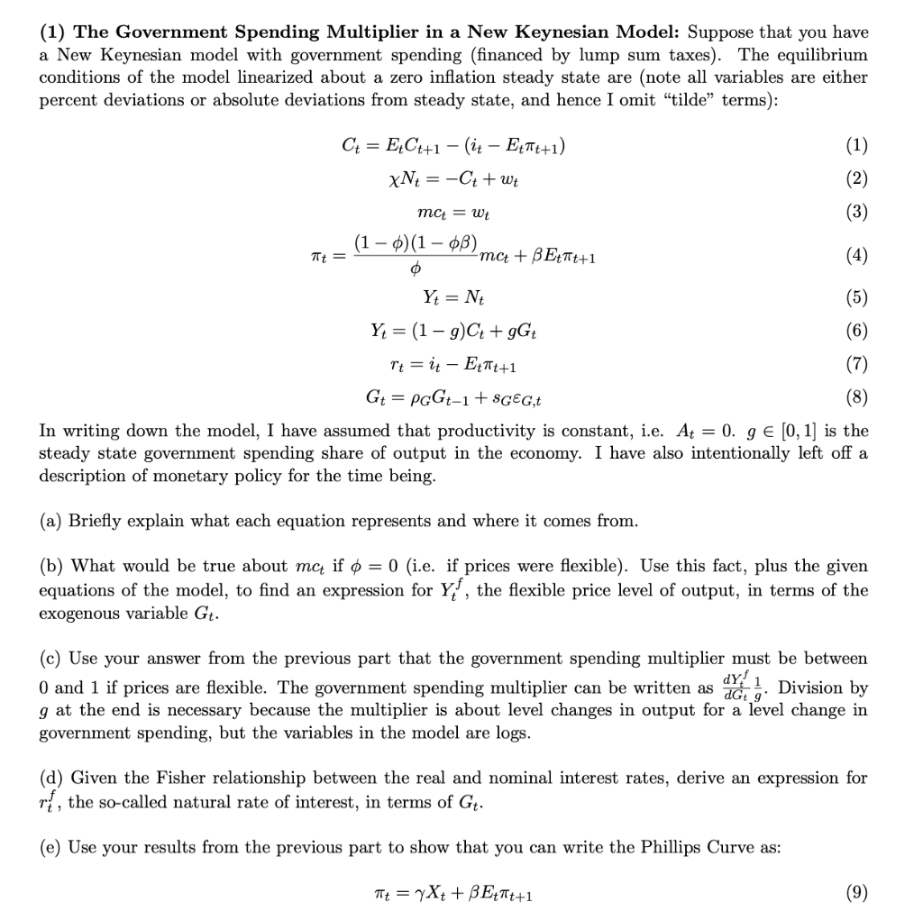 Solved (1) The Government Spending Multiplier in a New | Chegg.com