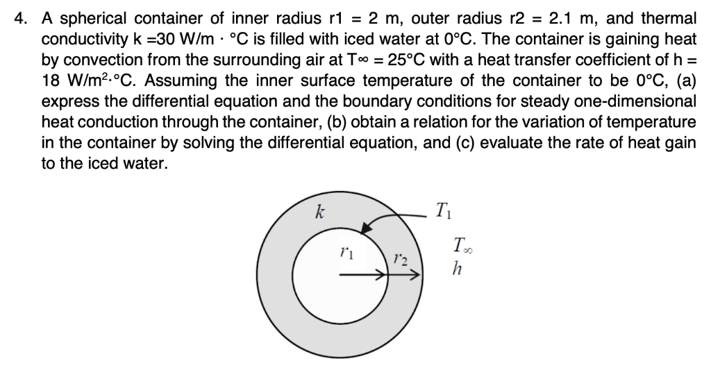 Solved 4. A spherical container of inner radius r1 = 2 m, | Chegg.com