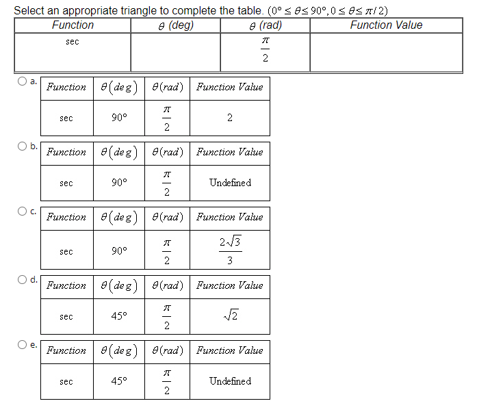 Select an appropriate triangle to complete the table. | Chegg.com