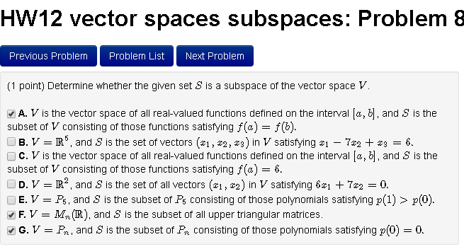 Solved HW12 vector spaces subspaces: Problem & Previous | Chegg.com