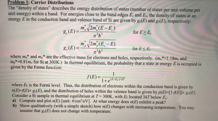 Solved Problem 1: Carrier Distributions The "density of | Chegg.com