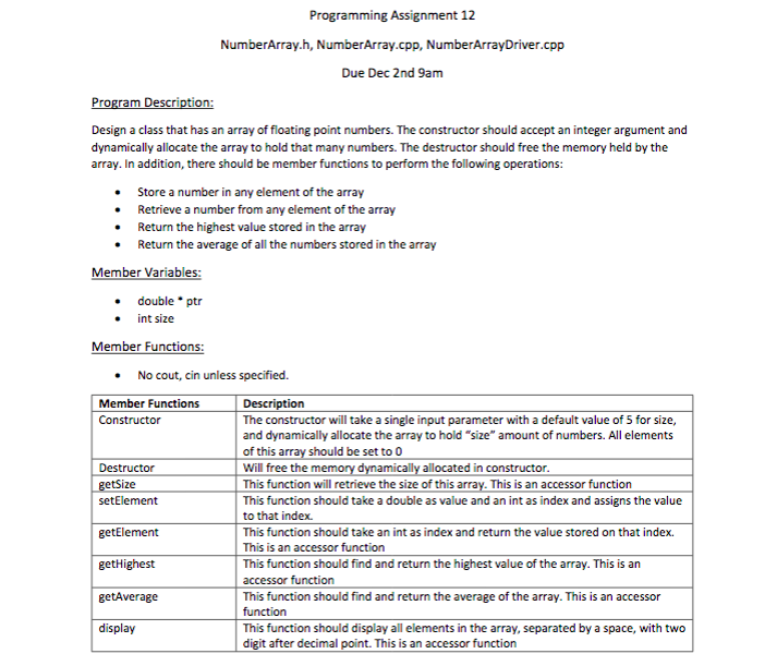 Solved Programming Assignment 12 NumberArray.h, | Chegg.com