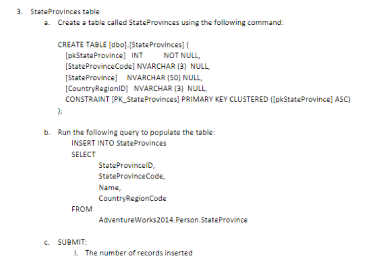 Solved StateProvinces table a. Create a table called | Chegg.com