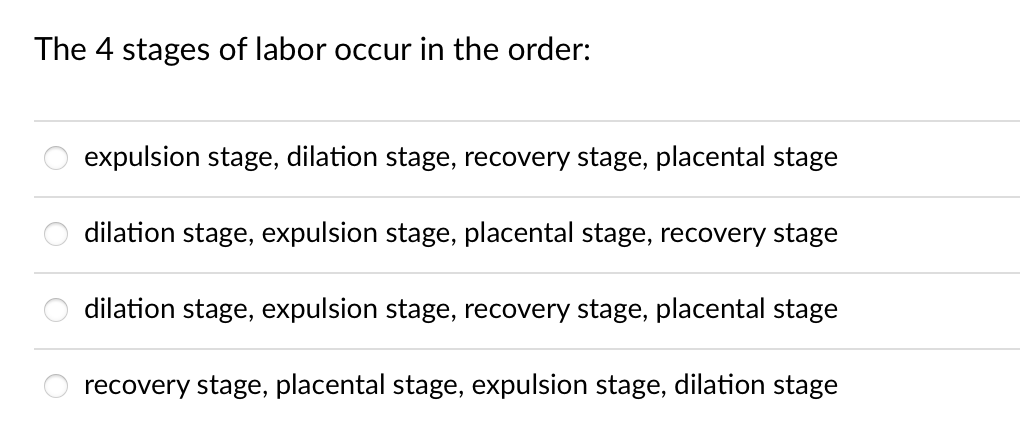 Solved The 4 stages of labor occur in the order: expulsion | Chegg.com
