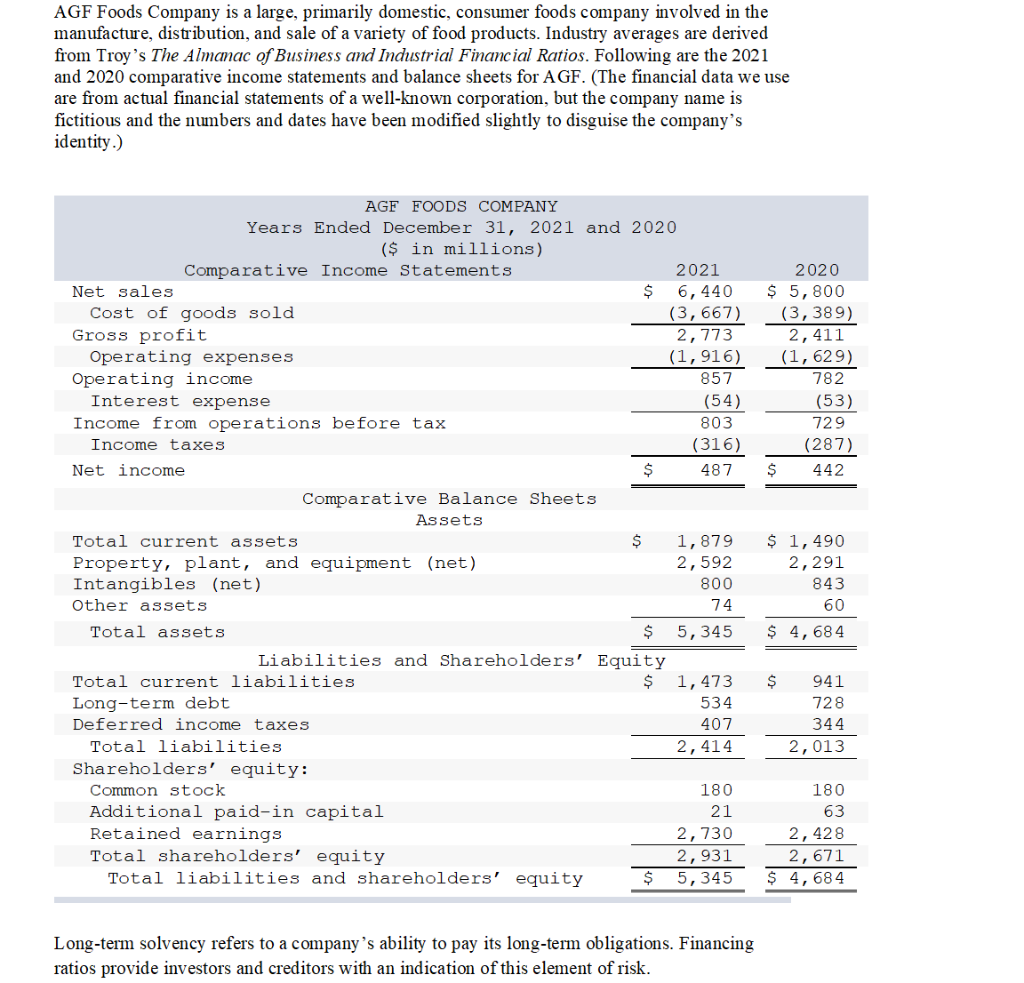 Solved AGF Foods Company is a large, primarily domestic, | Chegg.com