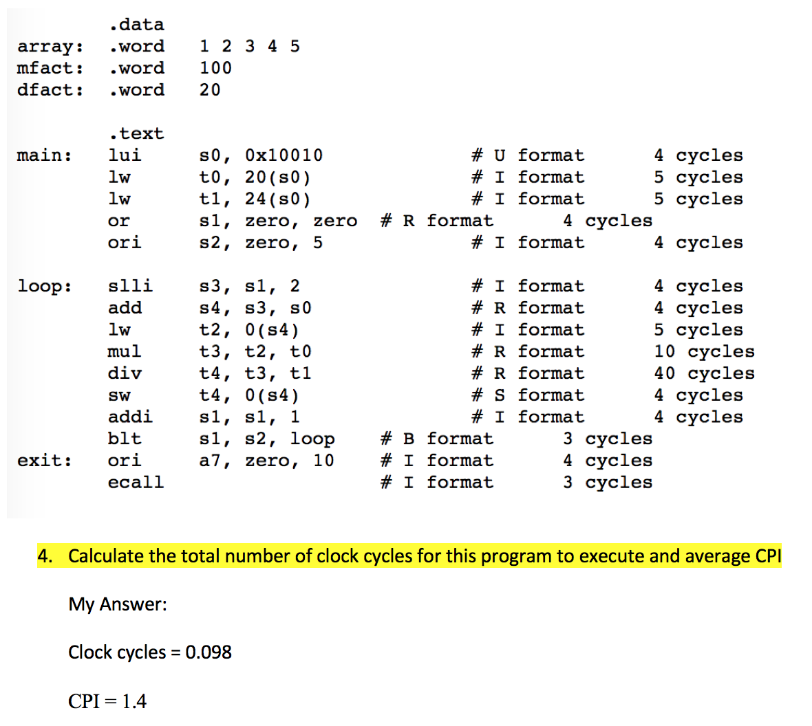 Calculate total number of clock cycles and average | Chegg.com