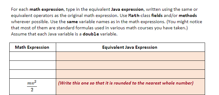 Solved For each math expression, type in the equivalent Java | Chegg.com