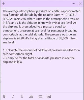 Solved The average atmospheric pressure on earth is | Chegg.com