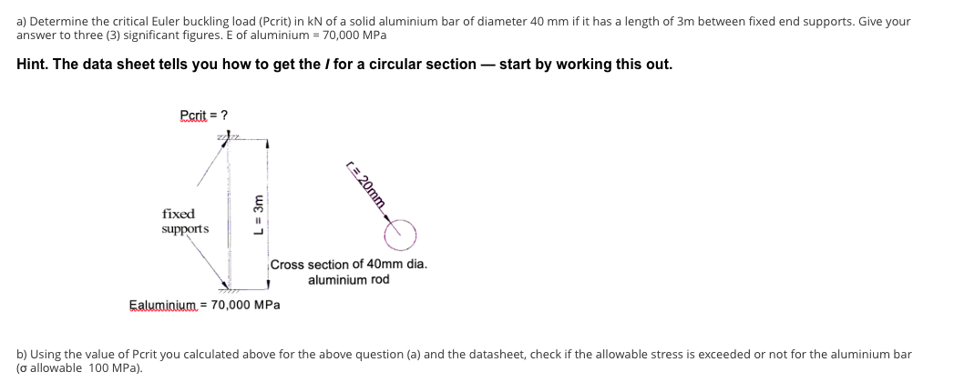 Solved a) Determine the critical Euler buckling load (Pcrit) | Chegg.com