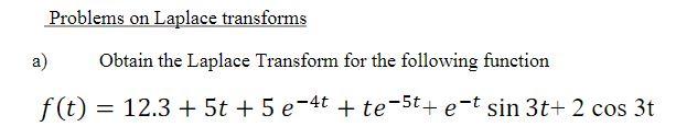 Solved Problems on Laplace transforms a) Obtain the Laplace | Chegg.com