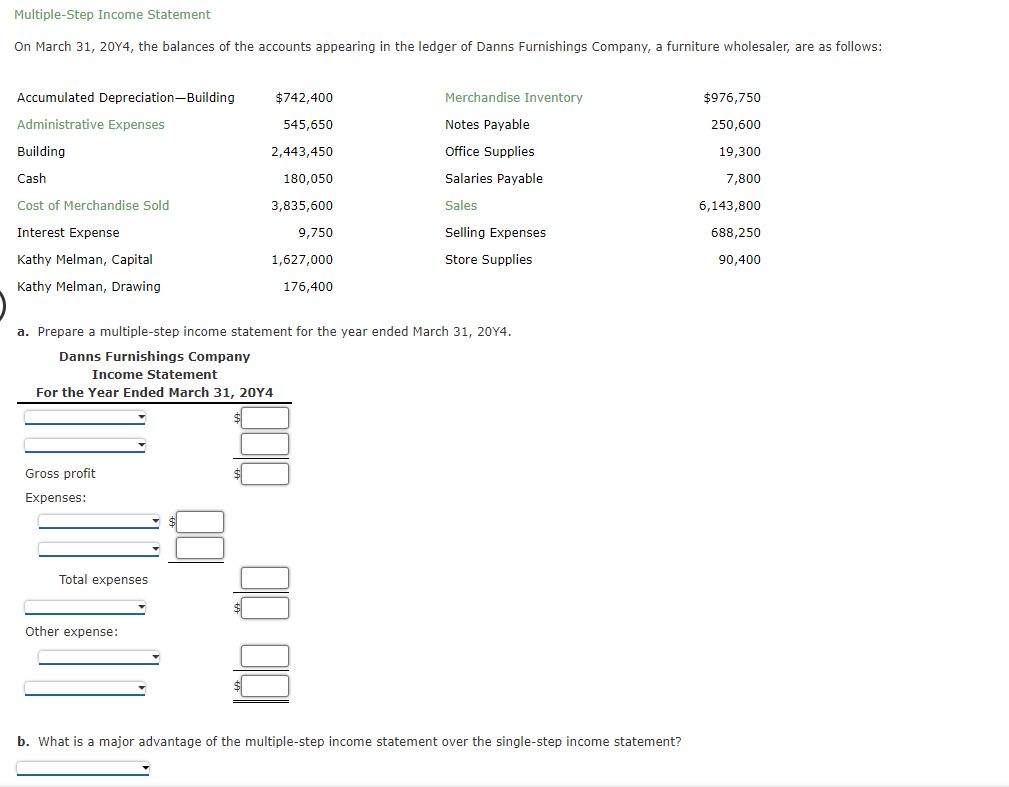Solved Multiple-Step Income Statement On March 31, 20Y4, the | Chegg.com