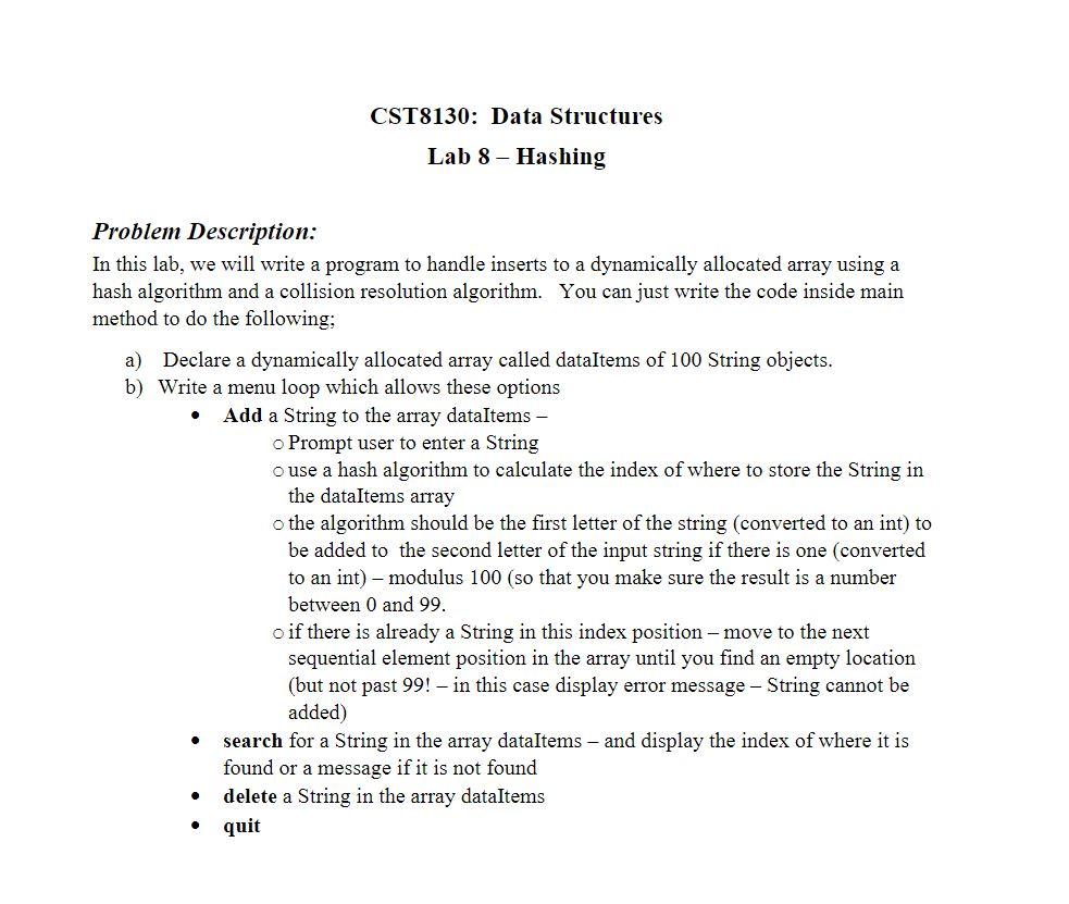 Solved CST8130: Data Structures Lab 8 - Hashing Problem | Chegg.com